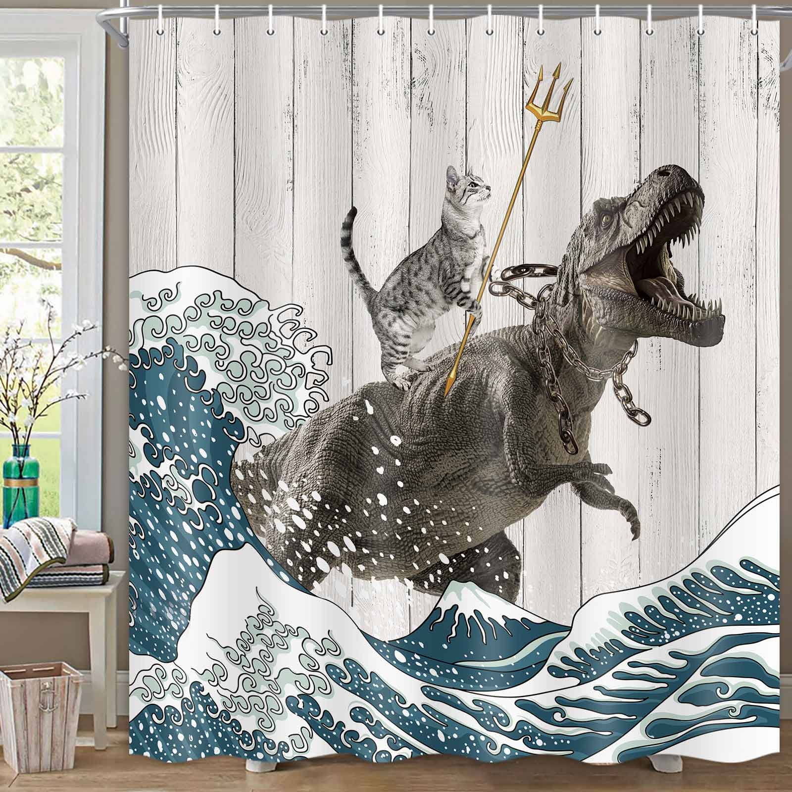 Funny Cat Shower Curtain, Cool Cat Dinosaur Japanese Ocean Wave Decor ...