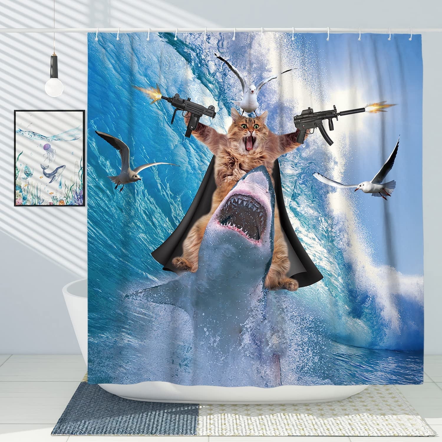 Funny Cat Shower Curtain Set Cat Riding Shark Theme Ocean Shower ...