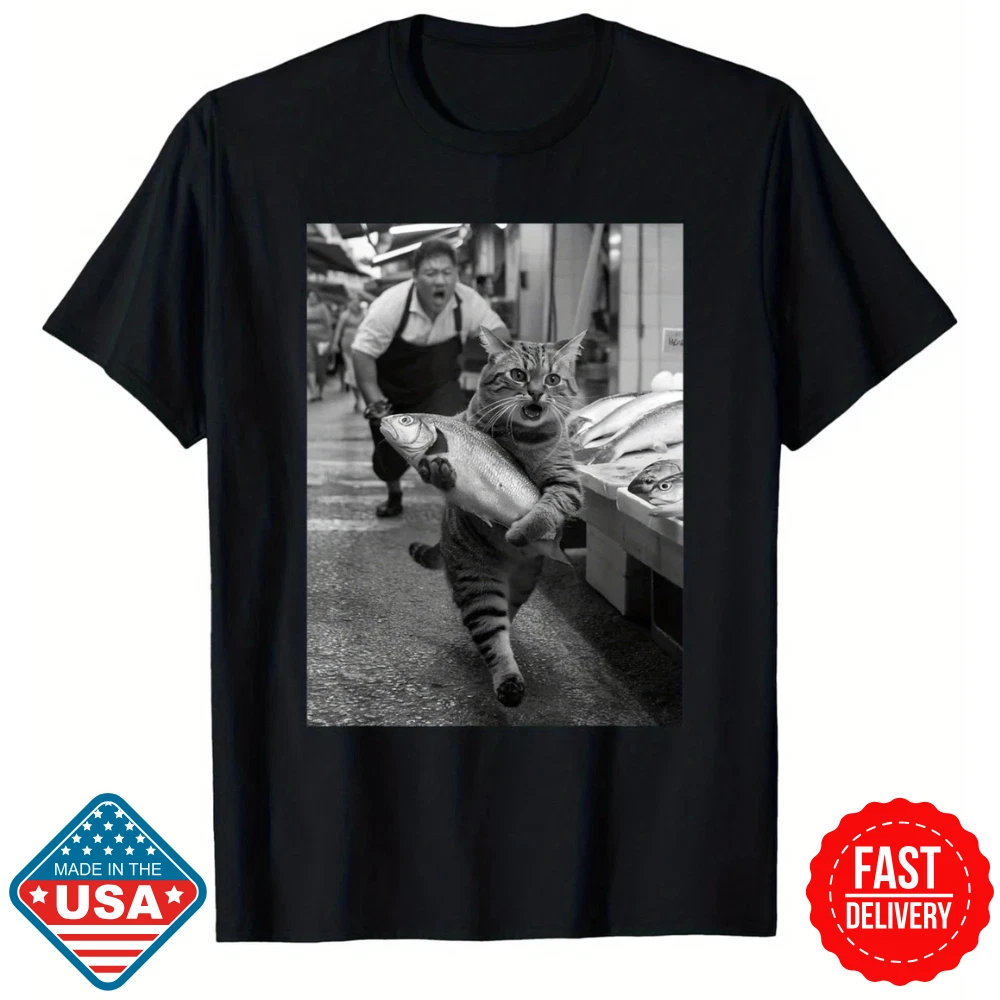 Funny Cat Steals Fish Market Black & White Meme T-Shirt | Unisex ...