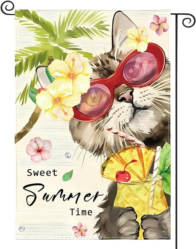 Funny- Cat Summer garden- flag 12x18 Inch Double Sided for- Outside ...