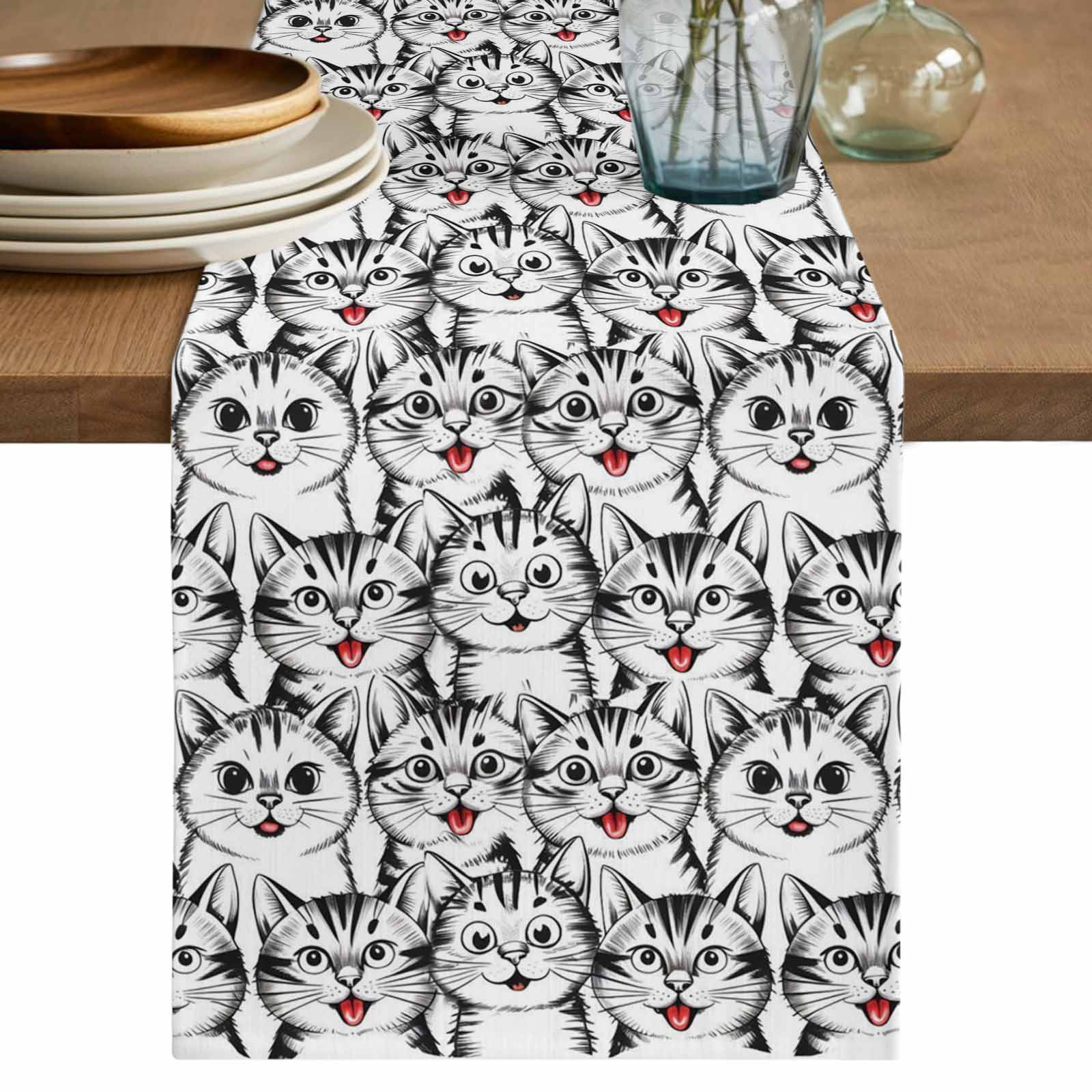 Funny Cat Table Runner 72 Inches, Abstract Cartoon Cute Animals Printed ...