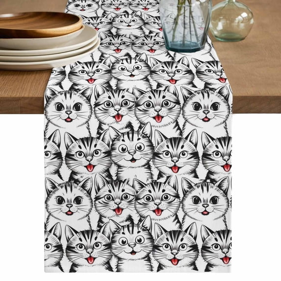 Funny Cat Table Runner 72 Inches, Abstract Cartoon Cute Animals Printed ...
