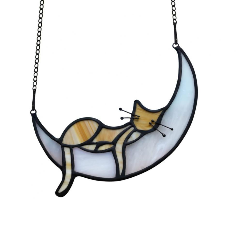 Funny Cat Themed Gifts,Stained Glass Cat on Moon Sleeping Hanging Decor ...
