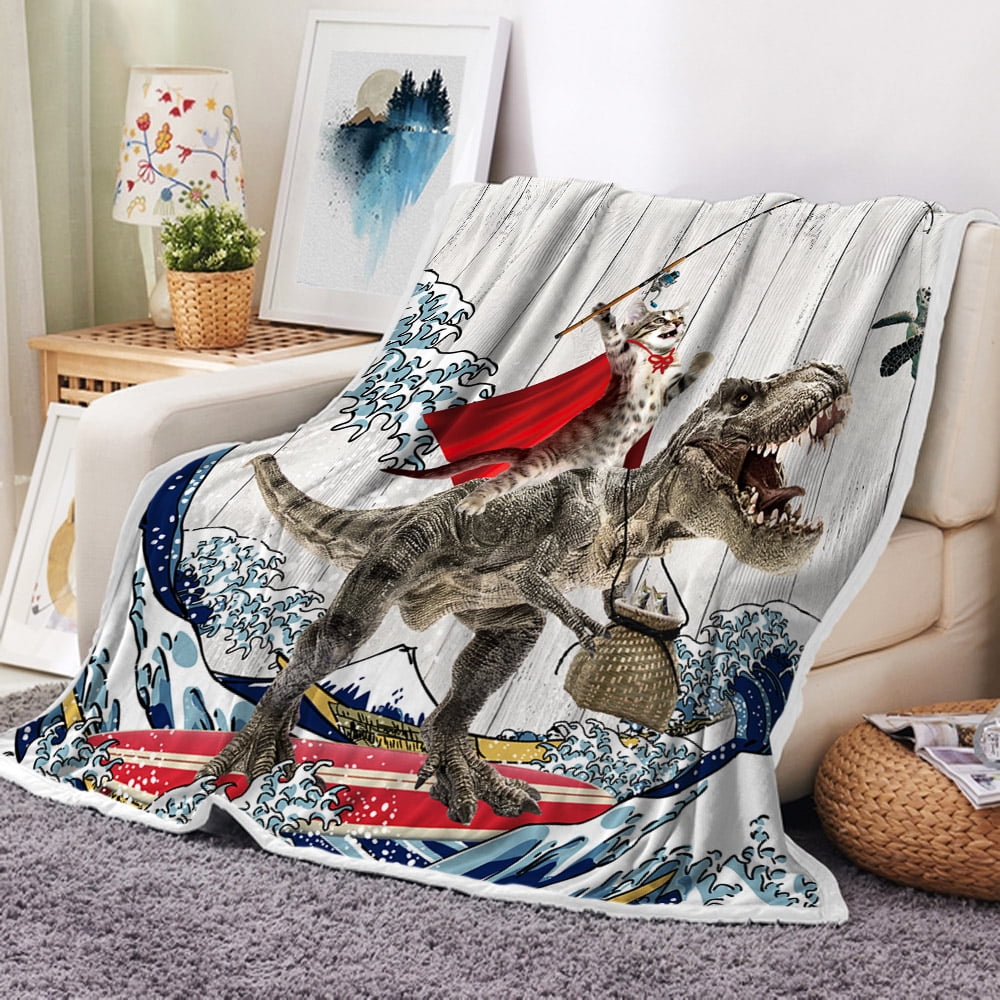 Funny Cat Throw Blanket for Boys Kids, Cool Cat Ride Dinosaur Blue ...