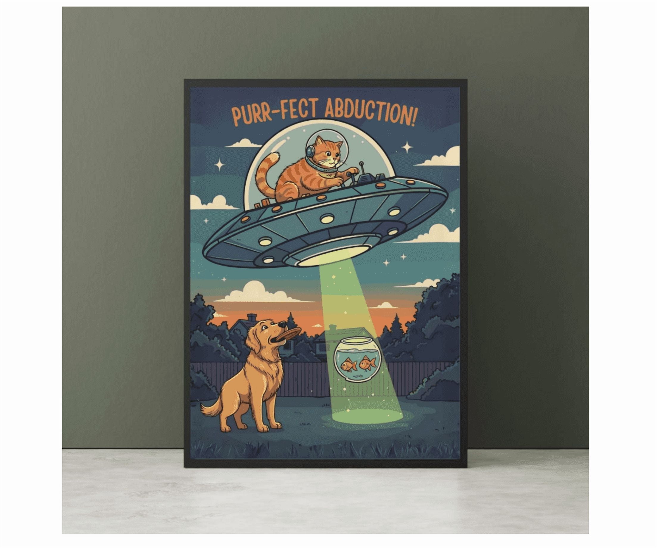 Funny Cat UFO Poster Golden Retriever and Goldfish Art - Walmart.com