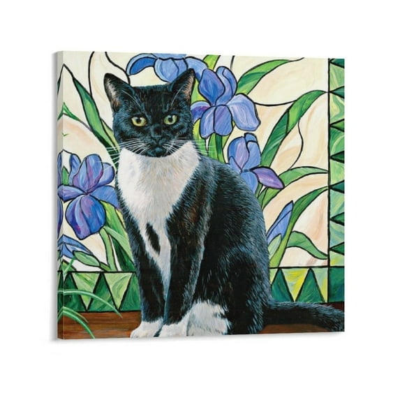 Funny Cat Wall Art - Iris And Black Cat Art, Floral Canvas Gift, Canvas ...