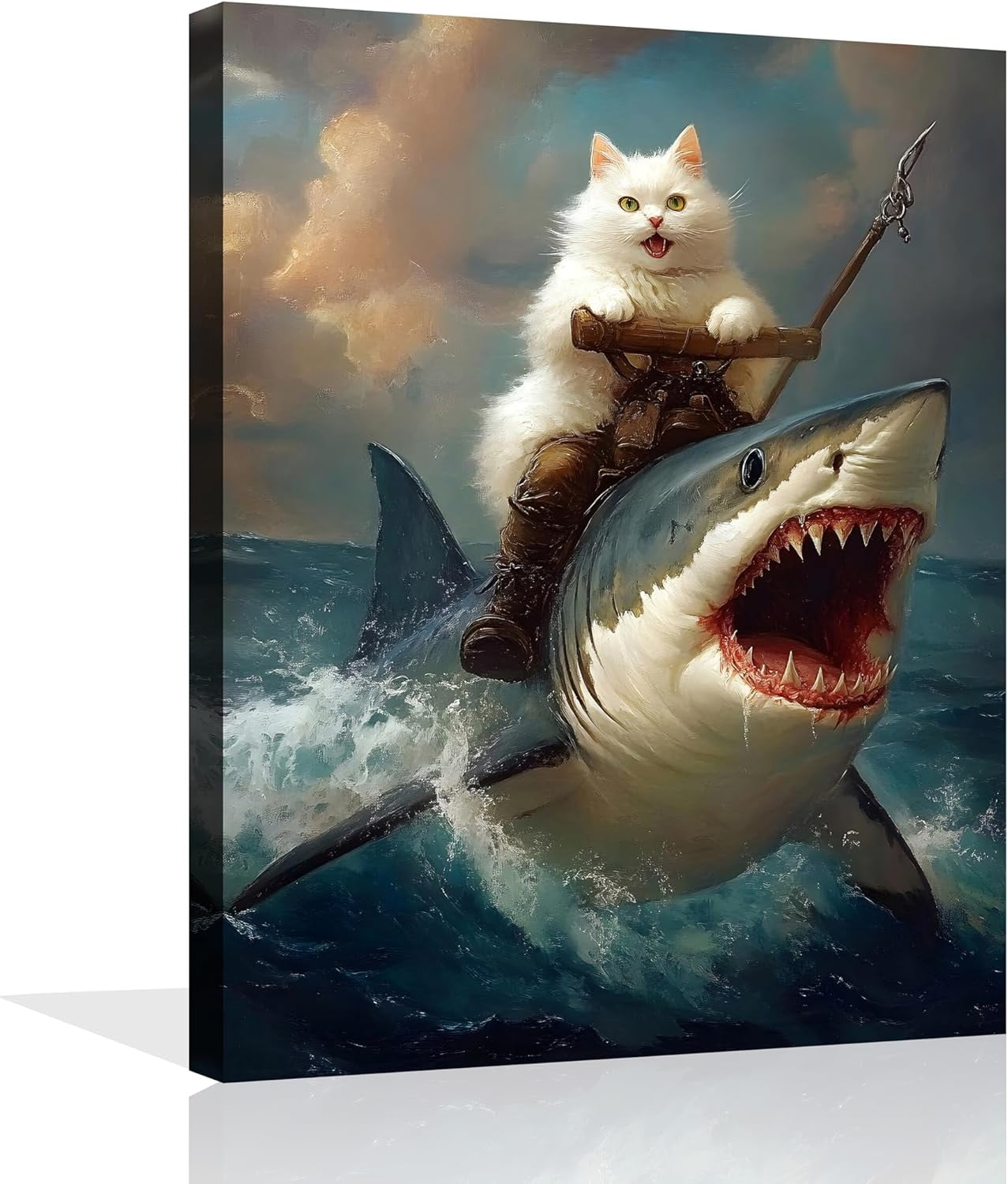 Funny Cat Wall Art Funny Cat Painting Funny Quirky Cat Riding a Shark ...