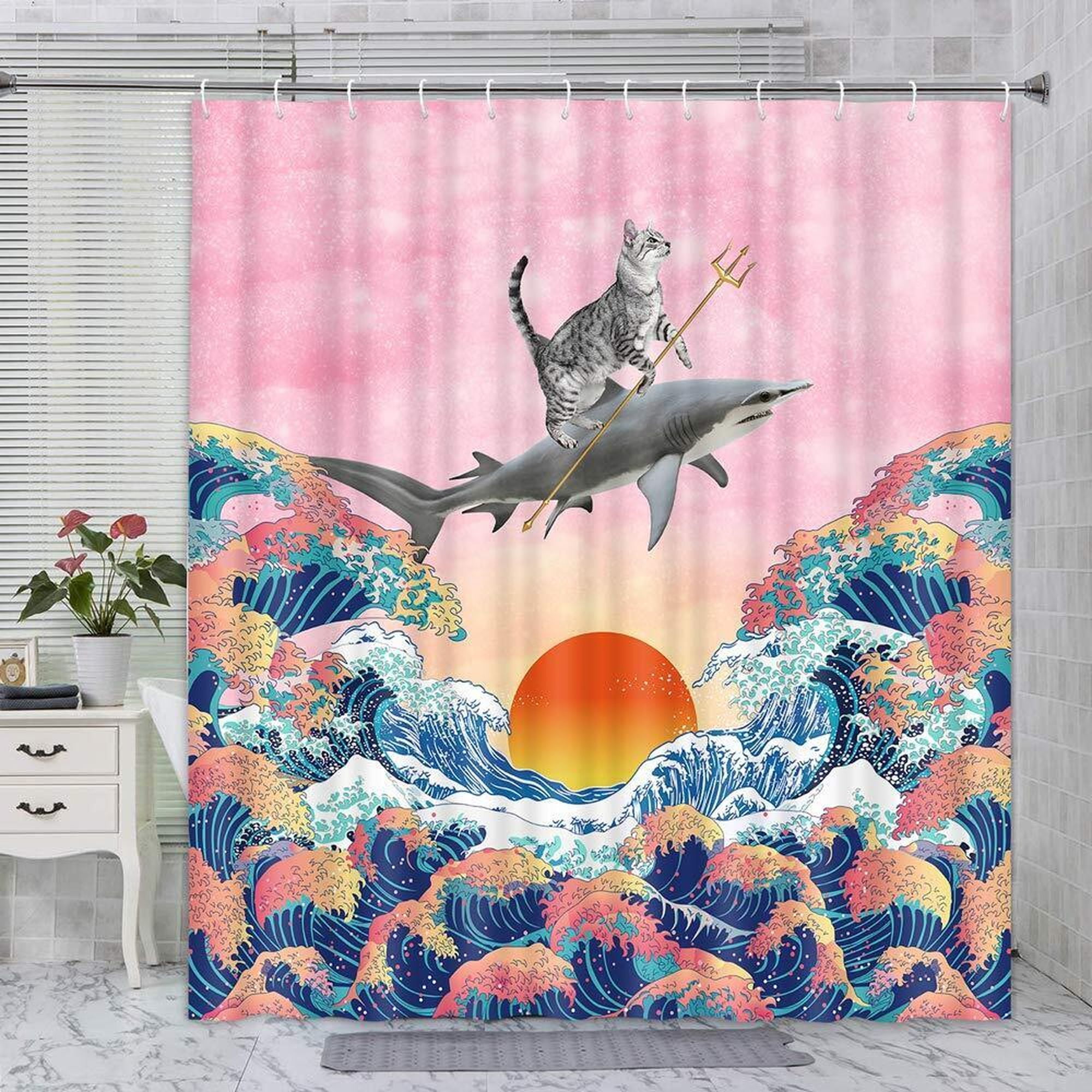Funny Cat Wave Fabric Shower Curtain Art Ukiyo-e Bathroom Decor ...