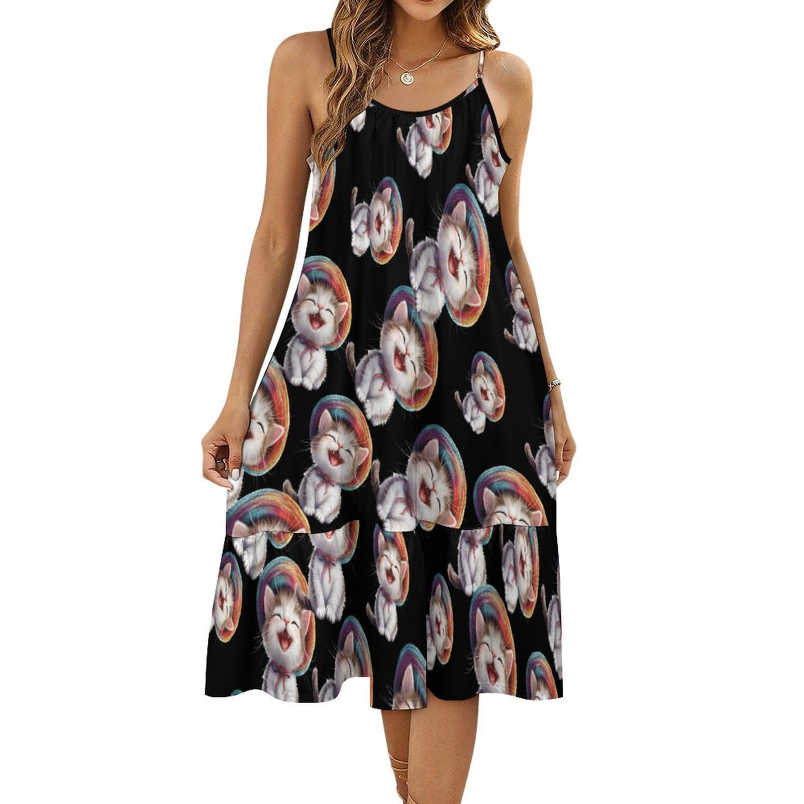 Funny Cat Wearing Raibow Hat Women Summer Dresses Spaghetti Strap Scoop ...