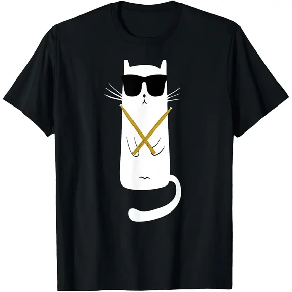 Funny Cat Wearing Sunglasses Drummer Graphic Unisex Short Sleeve T ...