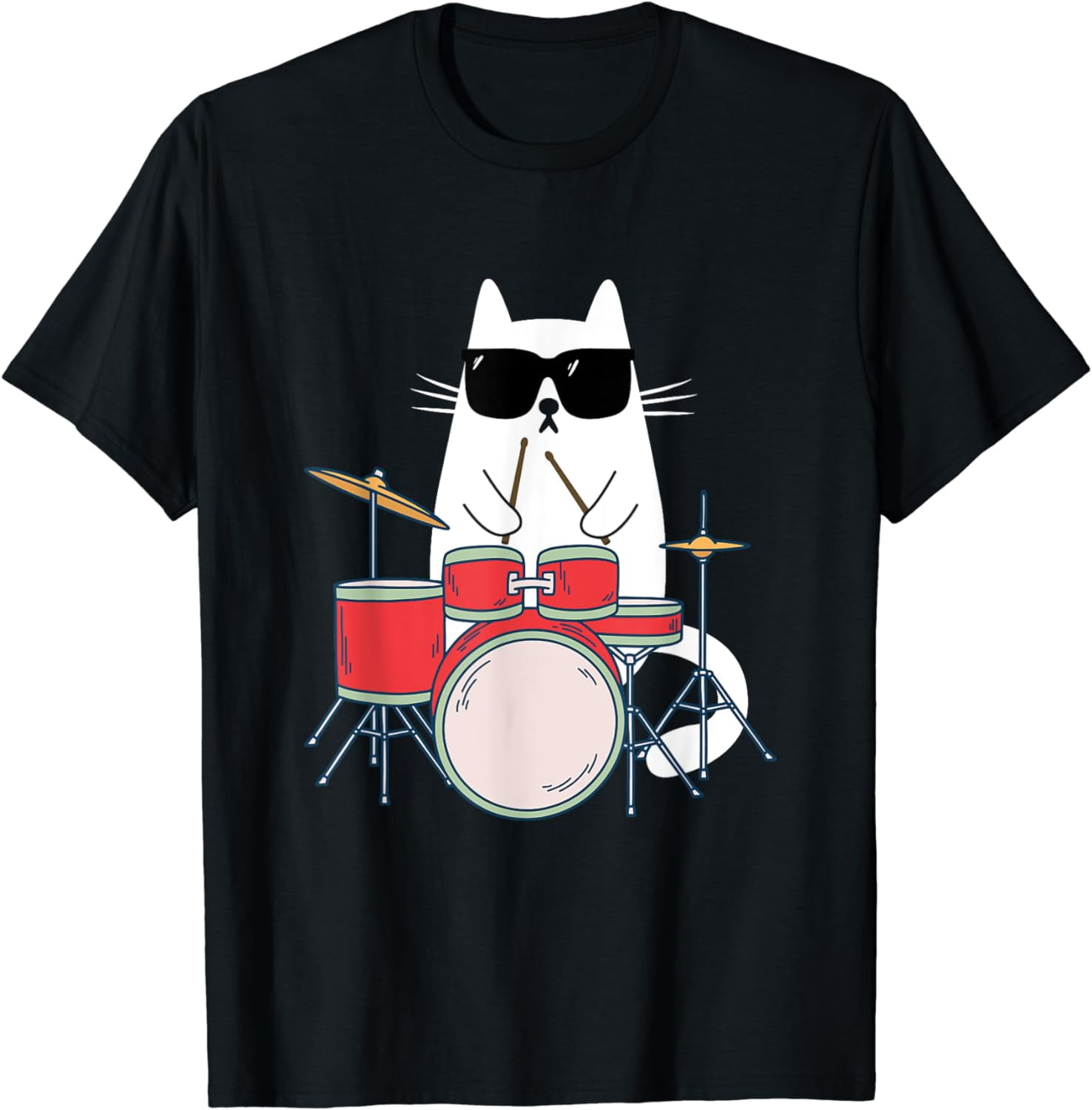 Funny Cat Wearing Sunglasses Playing Drums Drum Kit Musician T-Shirt - Walmart.com