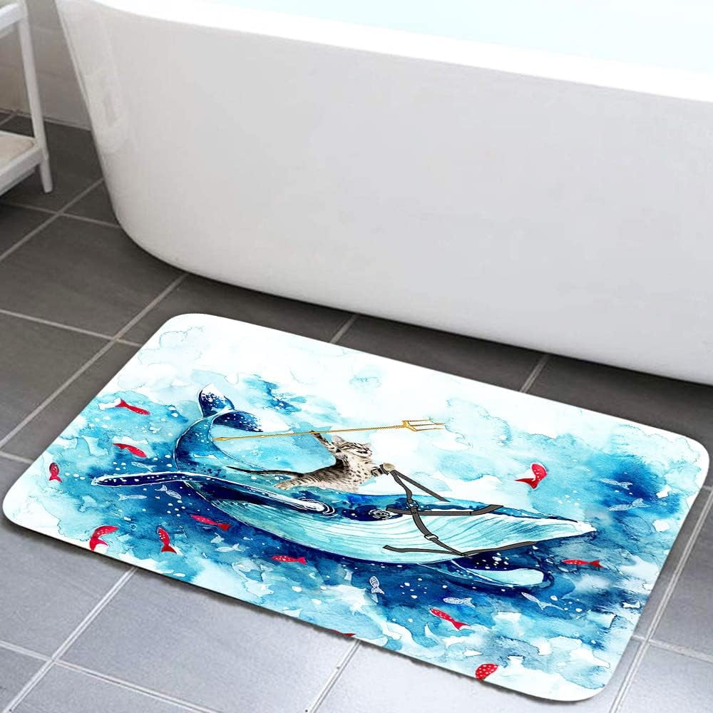 Funny Cat Whale Bath Rug, Hilarious Cat Holding Trident Riding Shark in ...