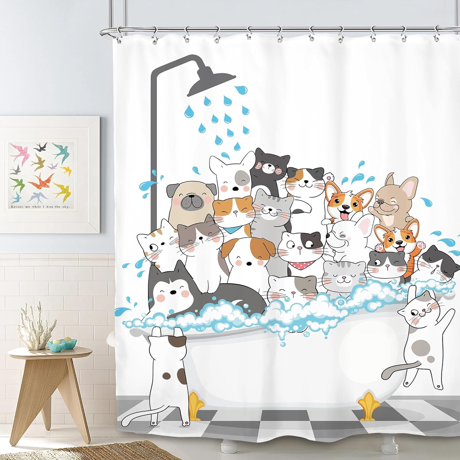 Funny Cats and Dogs Shower Curtain 60Wx72L Inch Kids Cartoon Cute Pets ...