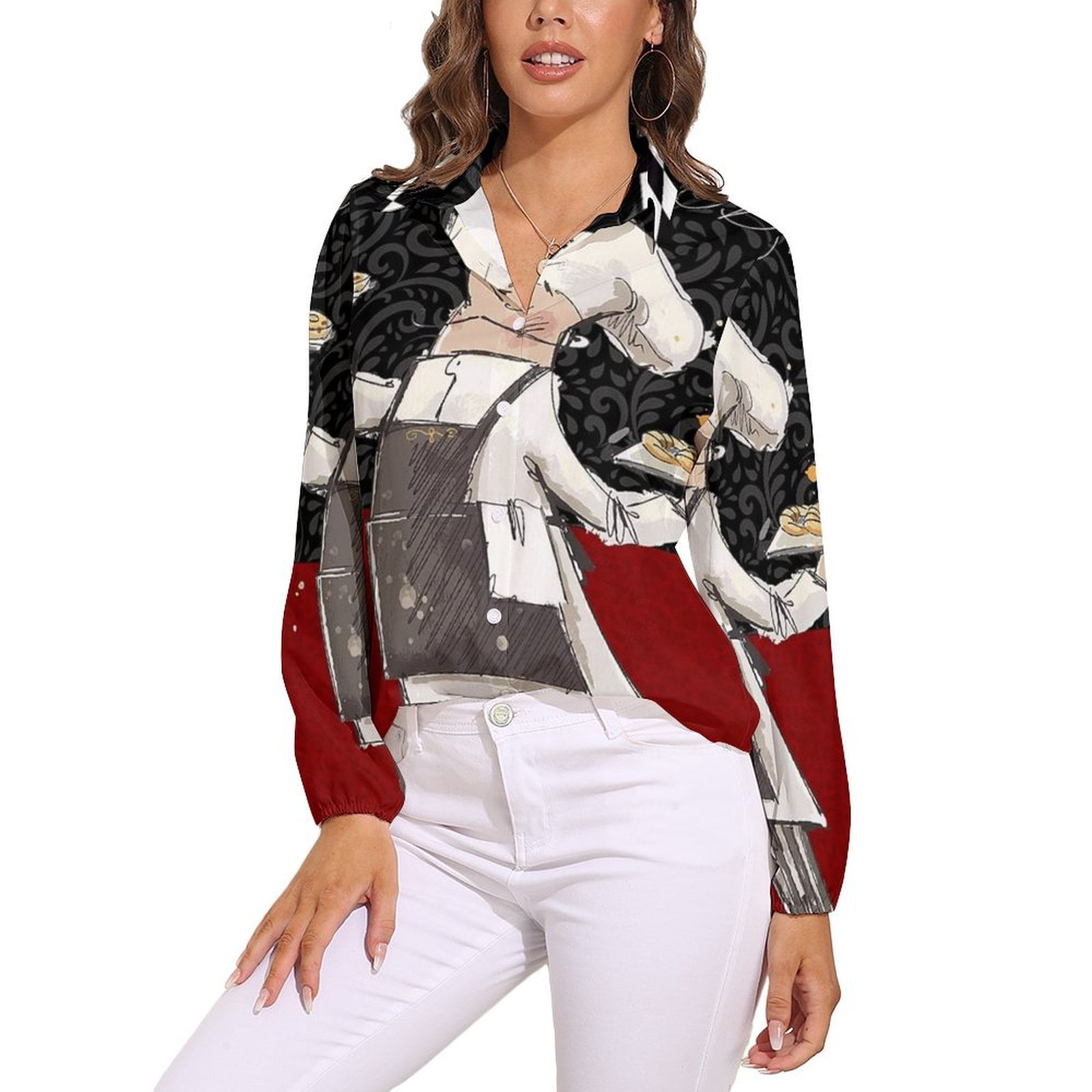 Funny Chef Holding Delicious Food Buffalo Plaid Long Sleeve Blouse ...