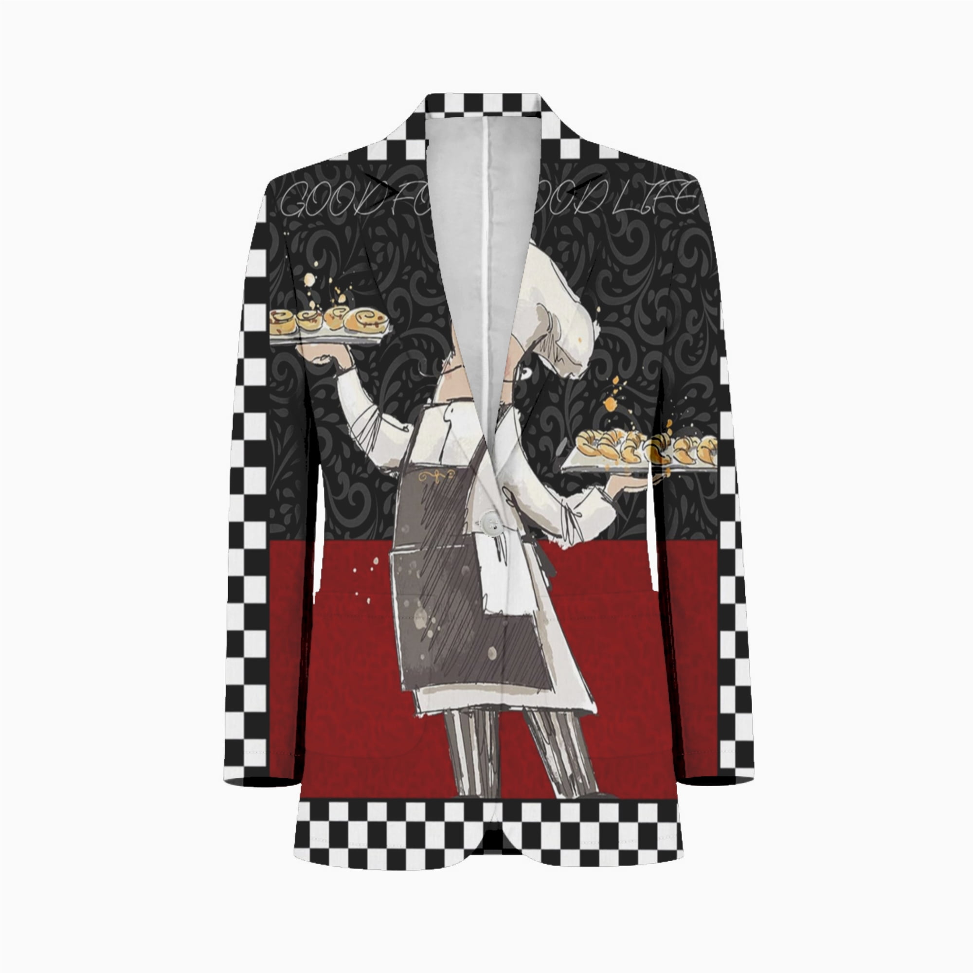 Funny Chef Holding Delicious Food Buffalo Plaid Mens Suits Shawl Collar ...