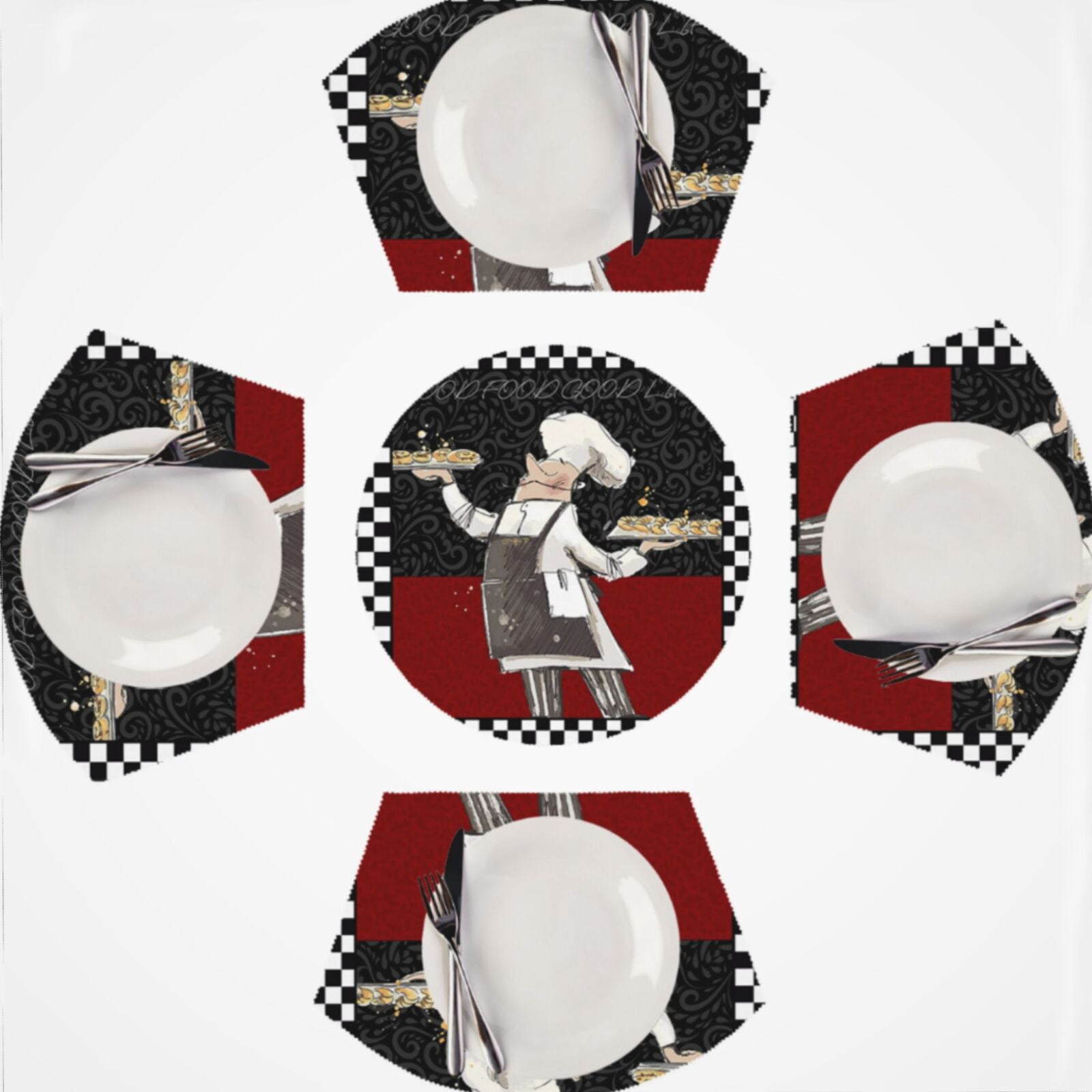 Funny Chef Holding Delicious Food Buffalo Plaid Round Table Placemats ...
