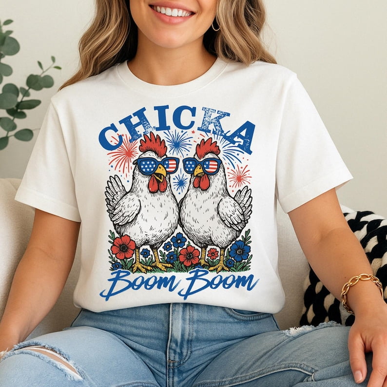 Funny Chicka Boom Boom Patriotic Chicken Shirt, 4th of July Rooster Tee ...