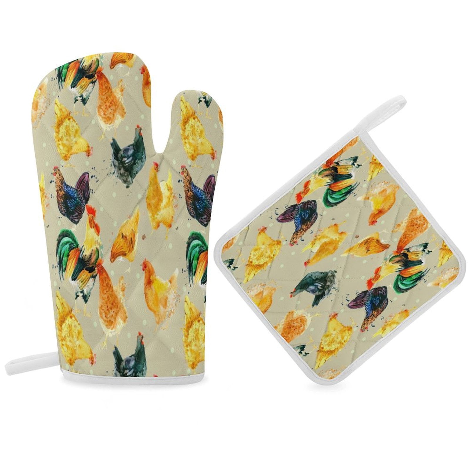 Funny Chicken Roosters Oven Gloves And Pots Stand Set Oven Gloves And ...