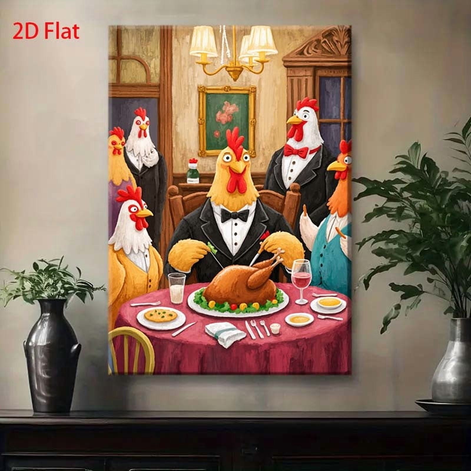 Funny Chicken'S Dinner Party Painting - Cartoon-Style Anthropomorphic ...