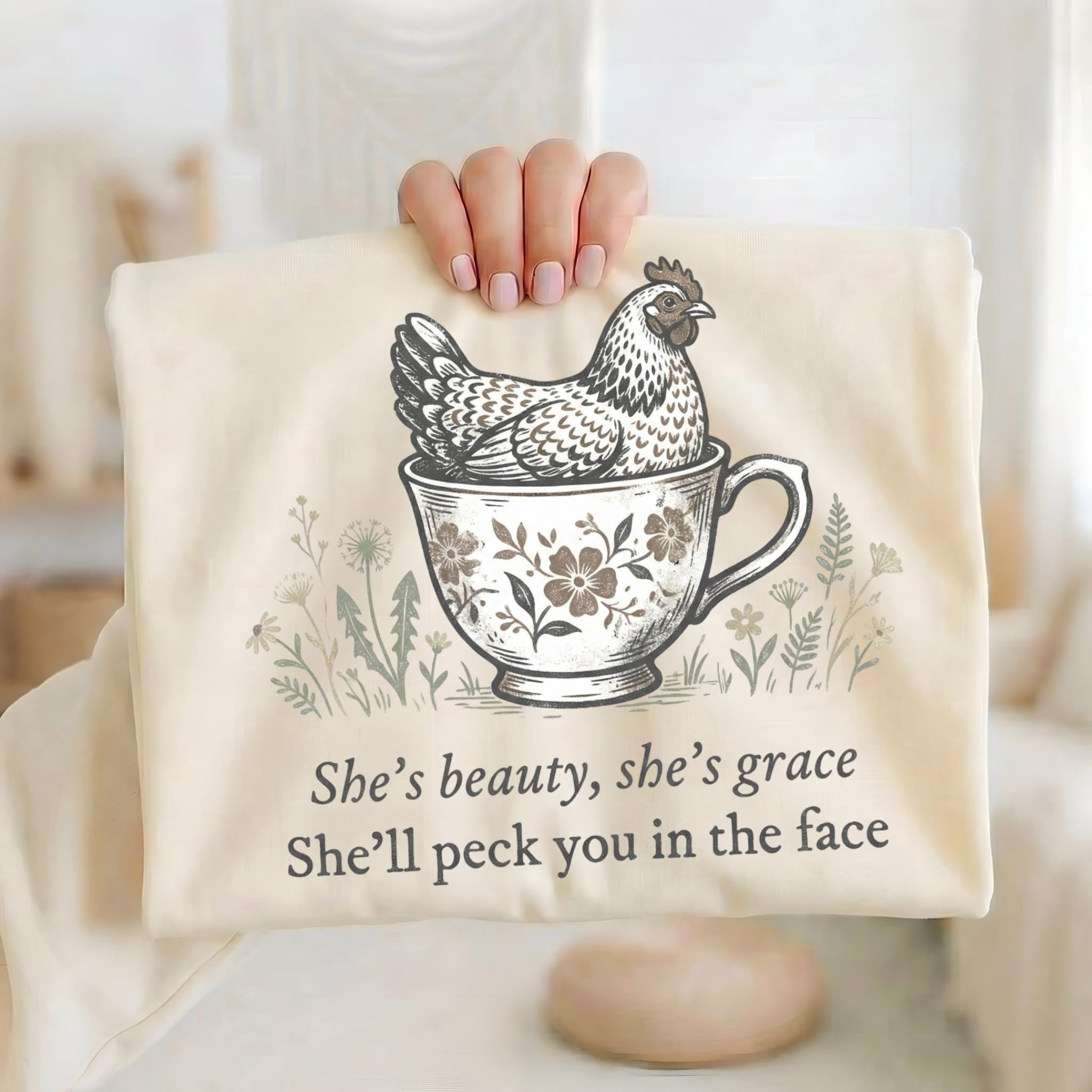 Funny Chicken T-Shirt, She’s Beauty She’s Grace Chicken in Teacup ...