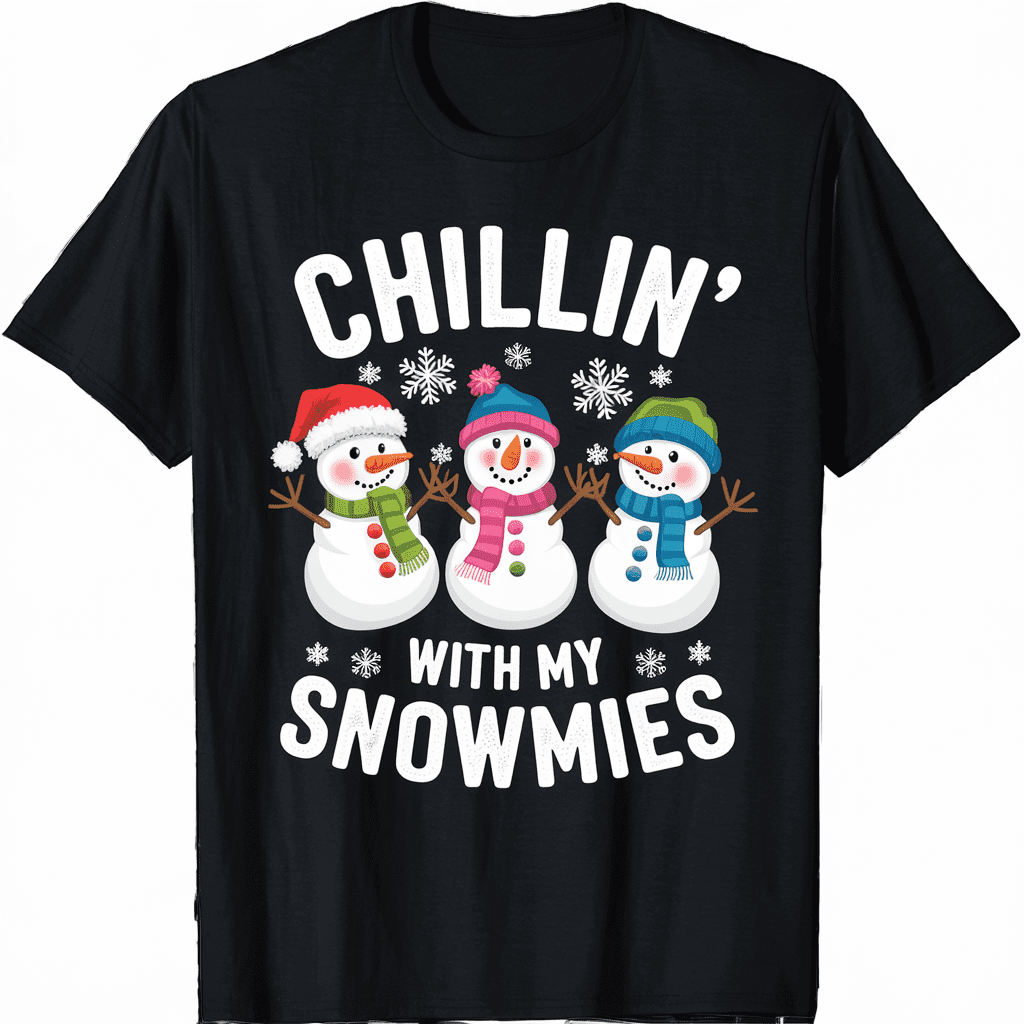 Funny Chillin With My Snowmies Christmas Snowman Kids Men's Black T ...