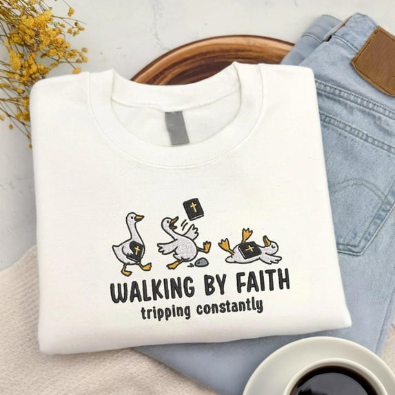 Funny Christian Sweatshirt, Embroidered Walking By Faith Tripping ...