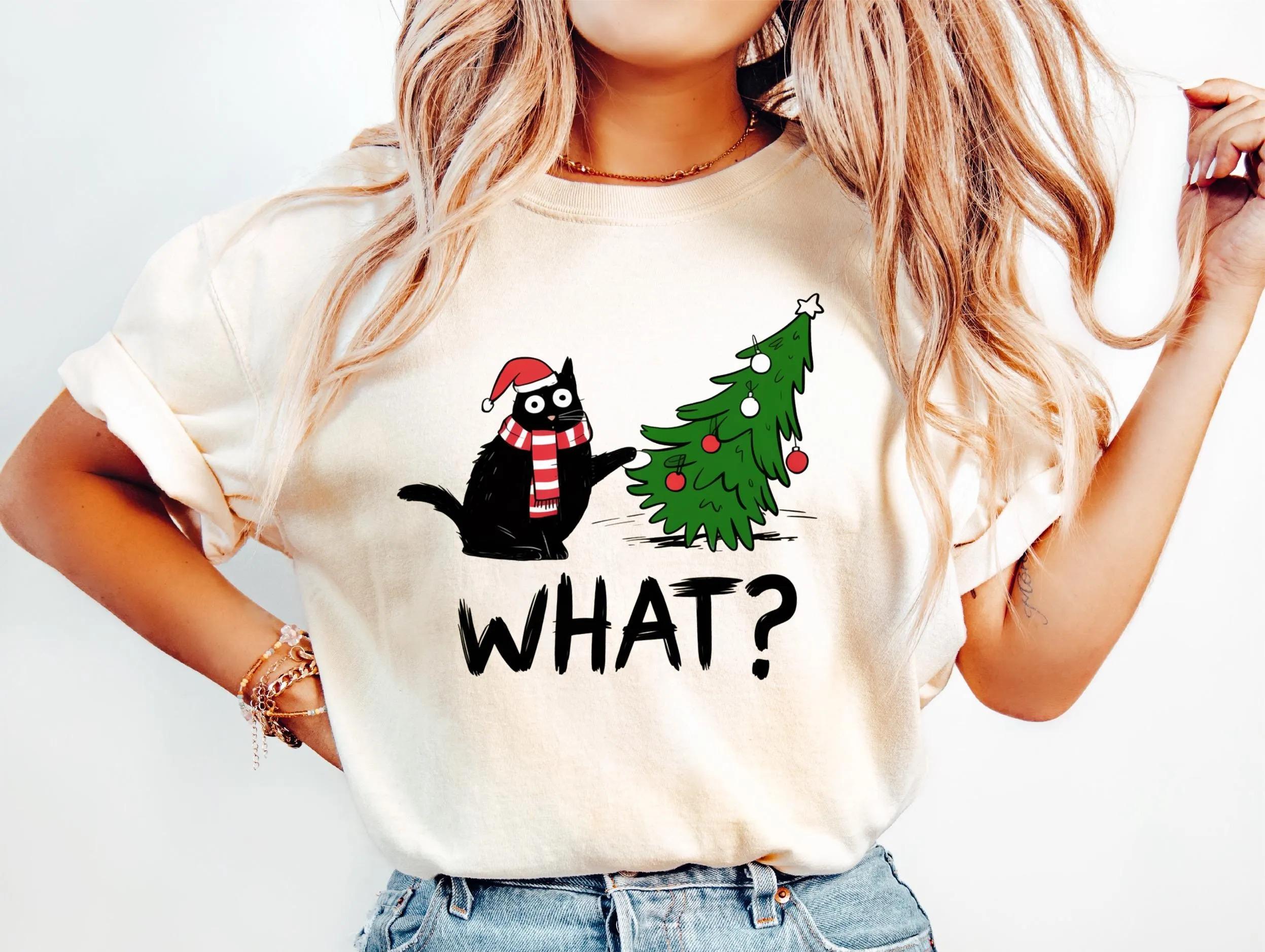 Funny Christmas Cat Graphic Print T-Shirt | WHAT? Tree Knockdown Design ...