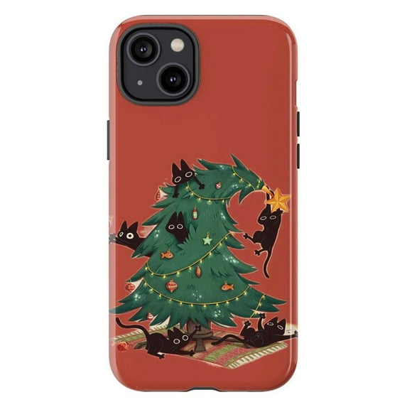 Funny Christmas Cat Phone Case, Black Kittens Climbing Tree, Red ...