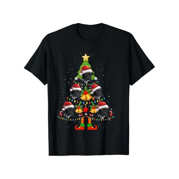 Funny Christmas Cat Tree T-Shirt with 6 Cats & Santa Hats - Retro Black ...