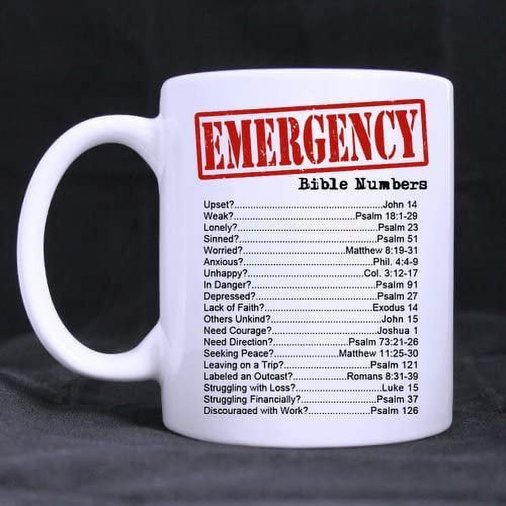 Funny Christmas Day Mug - Bible Emergency Numbers Mug Funny Novelty ...