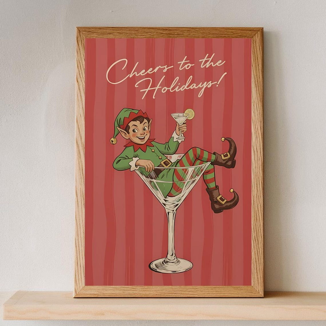 Funny Christmas Elf, Retro Holiday Bar Art, Cheers To The Holidays ...