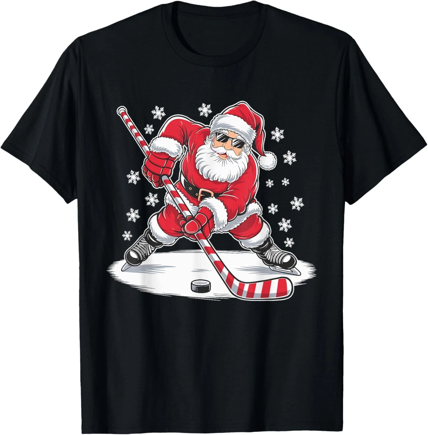 Funny Christmas Jolly Red Hat Man Playing Ice Hockey Unisex T-Shirt up ...