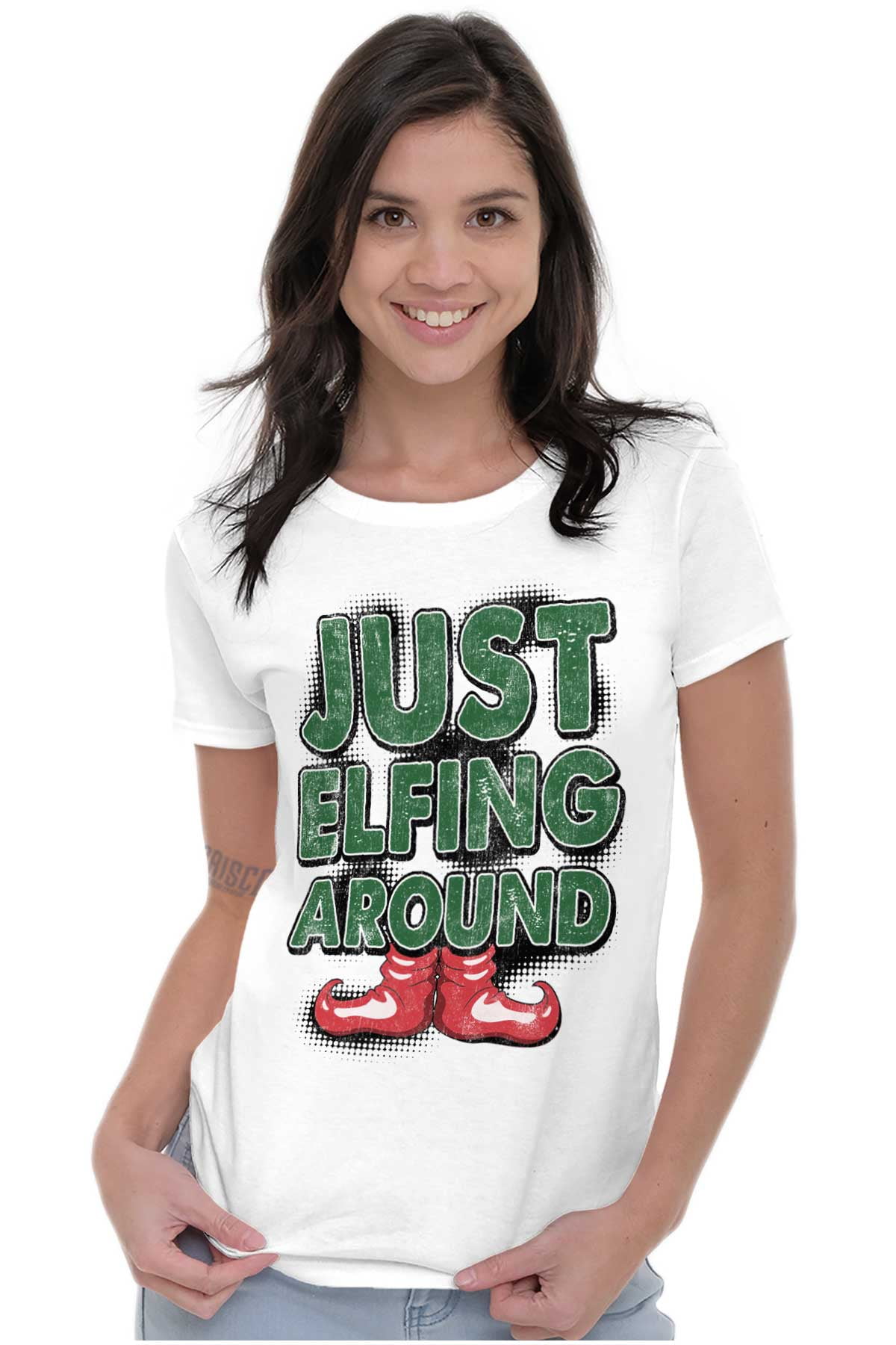 Funny Christmas Just Elfing Around Women's T Shirt Ladies Tee Brisco ...