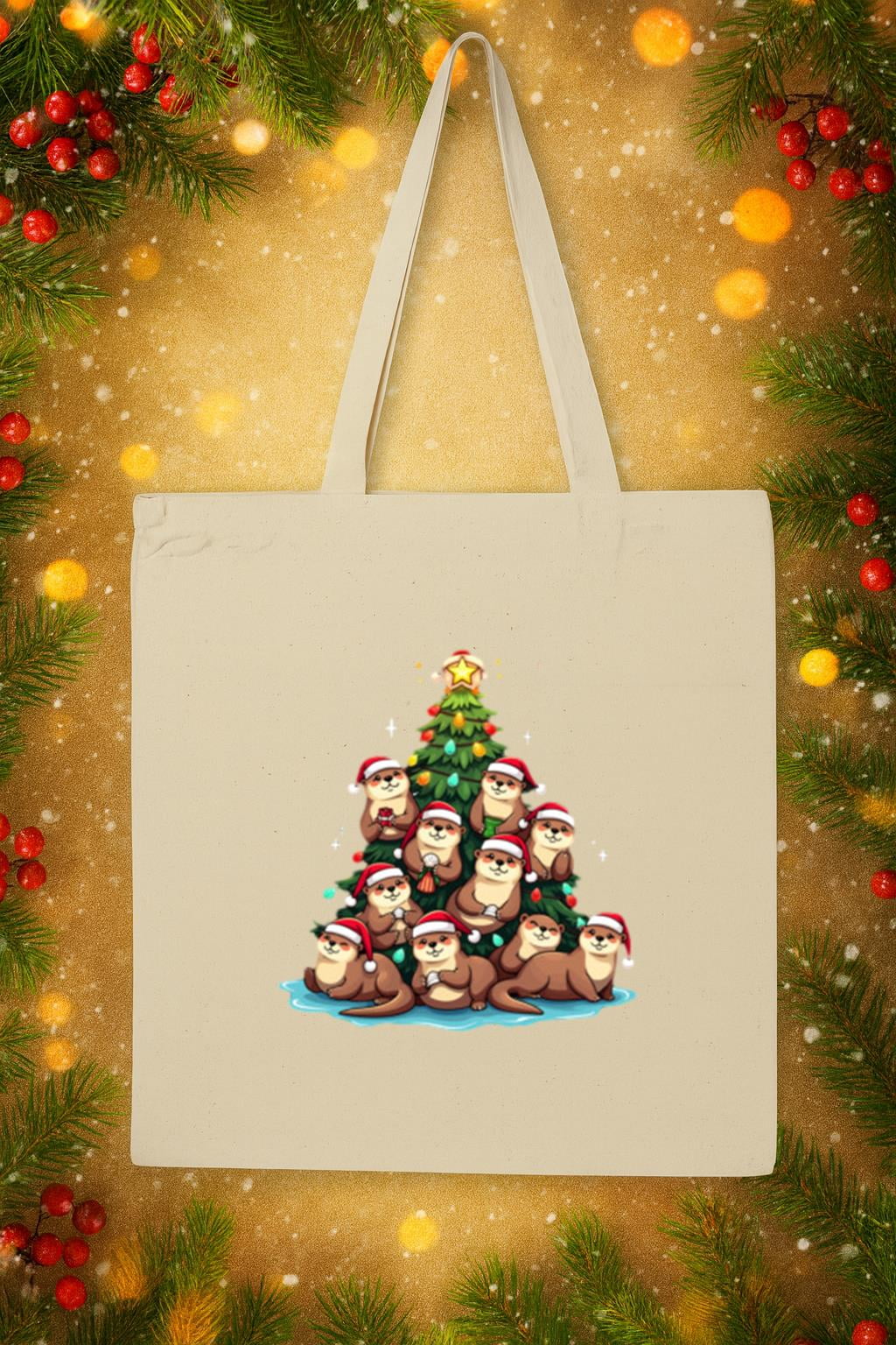 Funny Christmas Otter Tree Holiday Saint Nick Hats Art Tote Bag ...