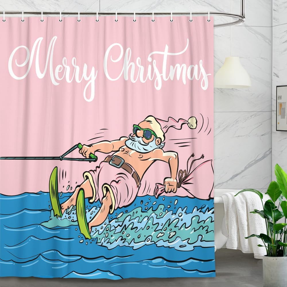 Funny Christmas Santa Shower Curtain Pink Cute Xmas Santa Surfing Sea ...