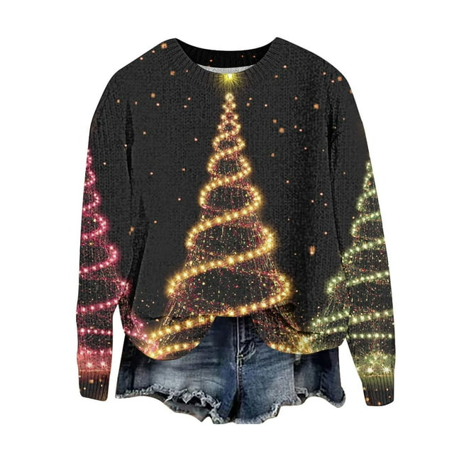 Funny Christmas Sweater - Womens Knit Sweater, Womens Christmas Printed Sweater Round Neck Long ...