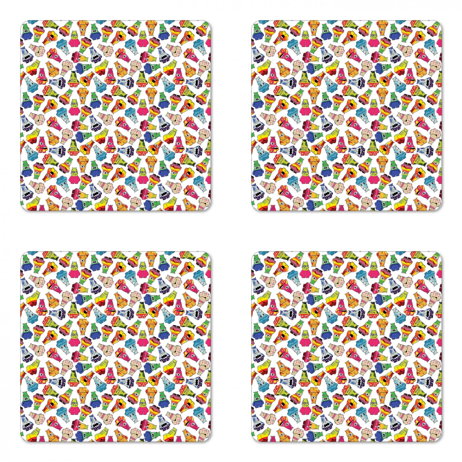 Funny Coaster Set of 4, Playful Friendly Monsters Cartoon Characters ...