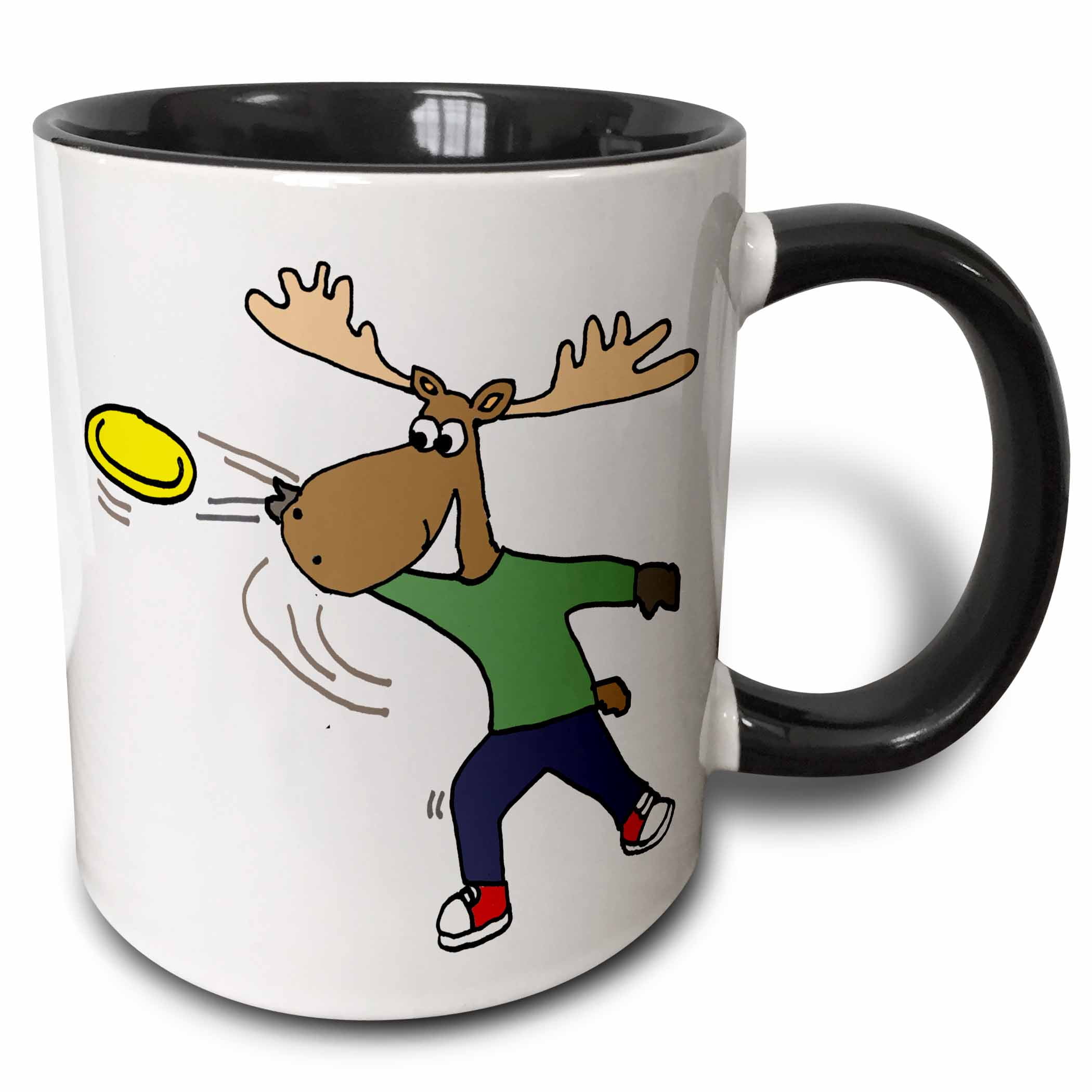 3drose, Funny Cool Moose Throwing Frisbee Cartoon, 15oz Two-tone Black ...