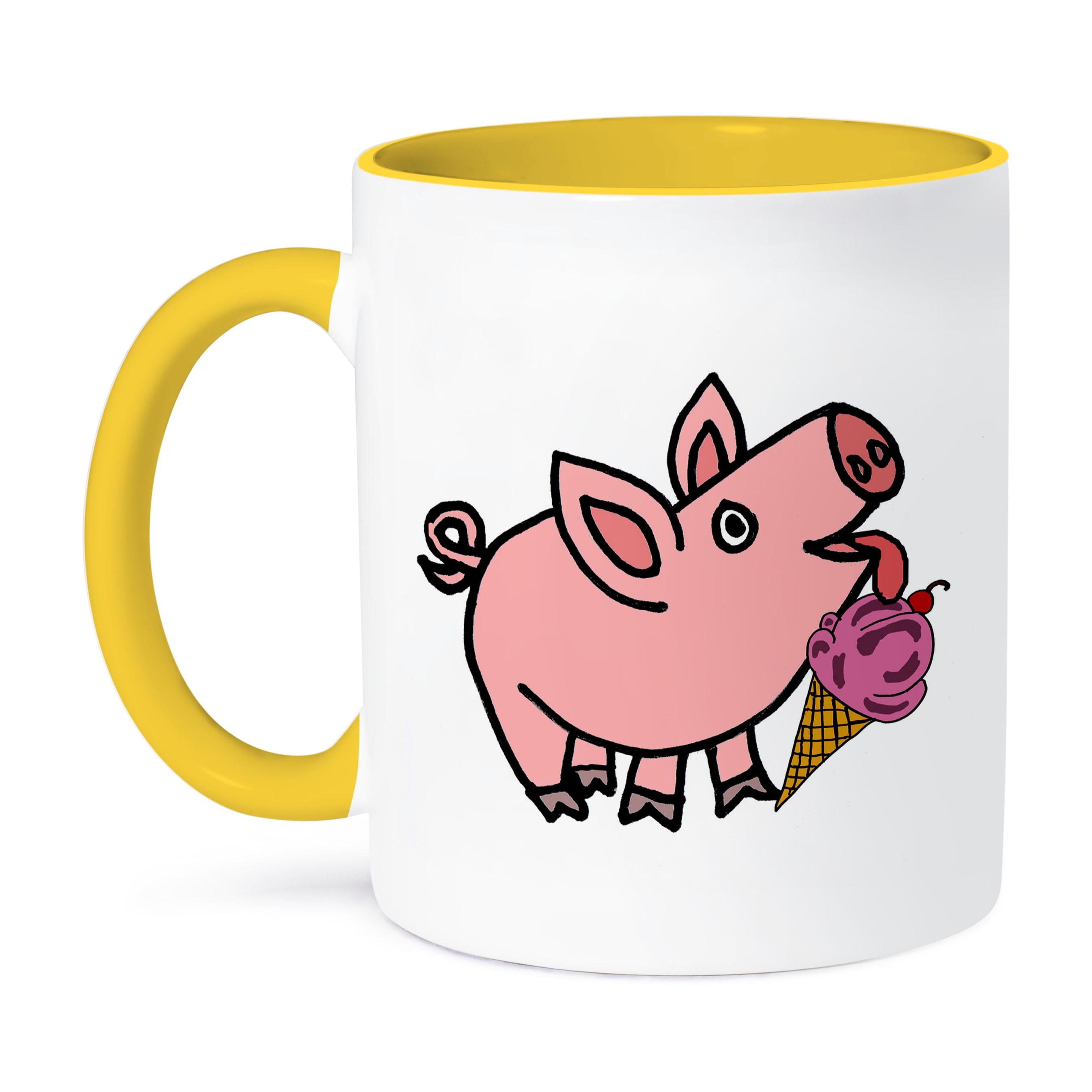 Funny Cool Pink Pig Eating Ice Cream Cone Cartoon, 15oz Two-Tone Yellow Mug - Walmart.com