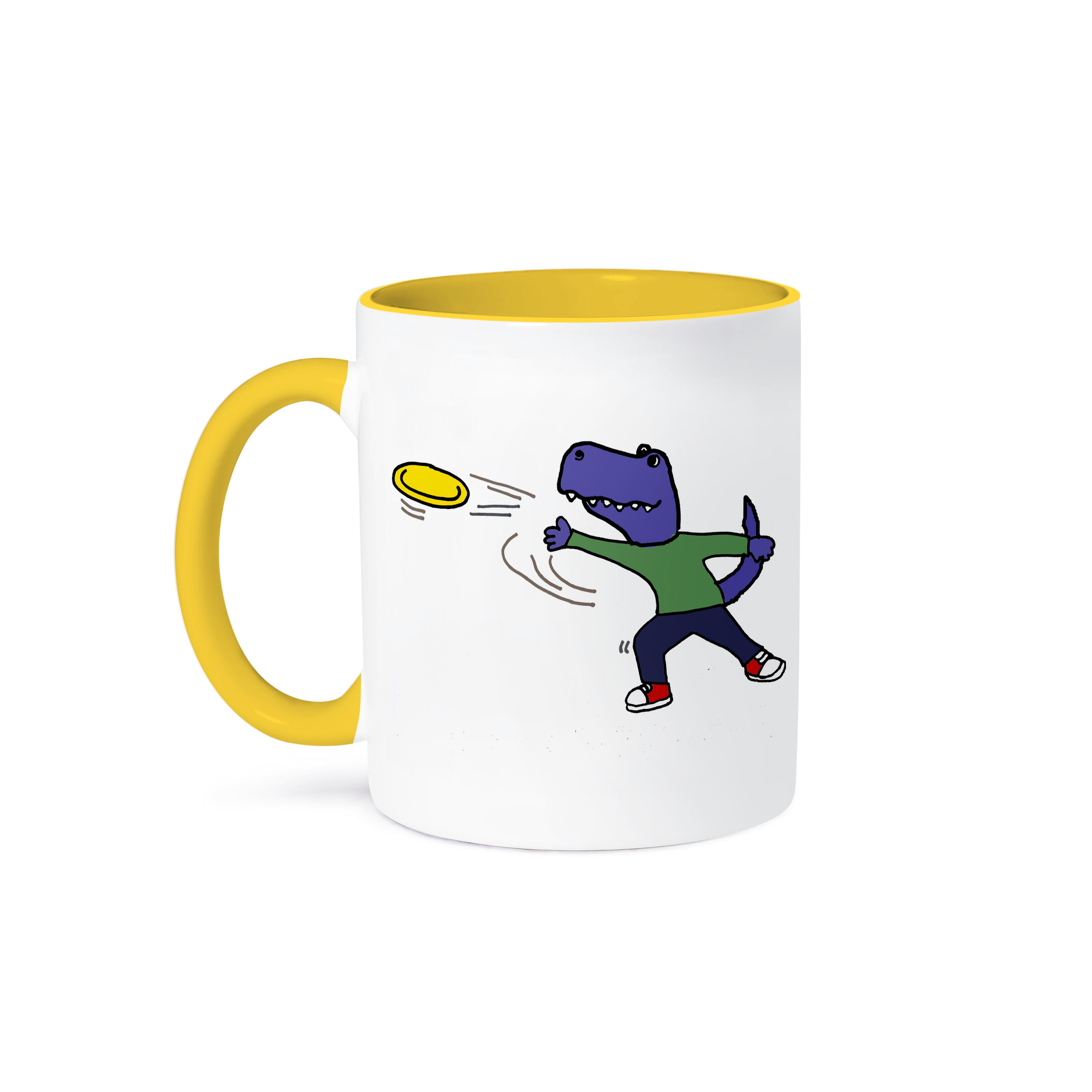 Funny Cool T-Rex Dinosaur Throwing Frisbee Cartoon, 15oz Two-Tone ...