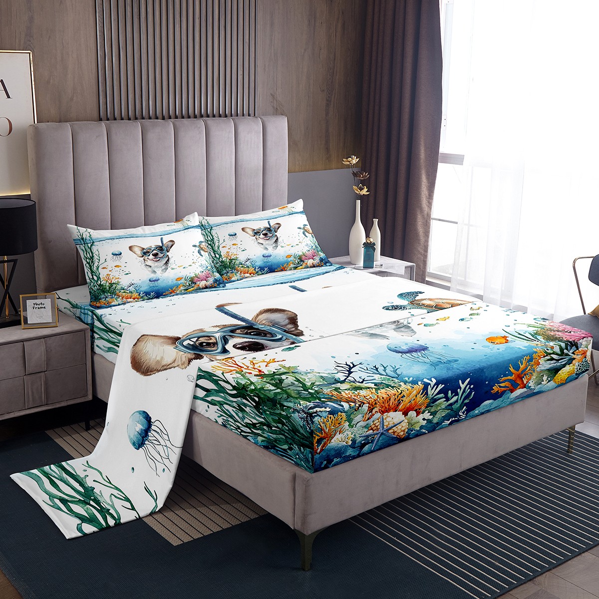 Funny Corgi Dog Bed Sheets Set Sea Turtle Jellyfish Coastal Twin Sheet ...