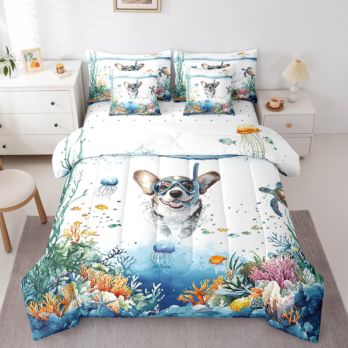 Funny Corgi Dog Comforter Set 7 Piece Bed in a Bag Twin,Sea Turtle ...
