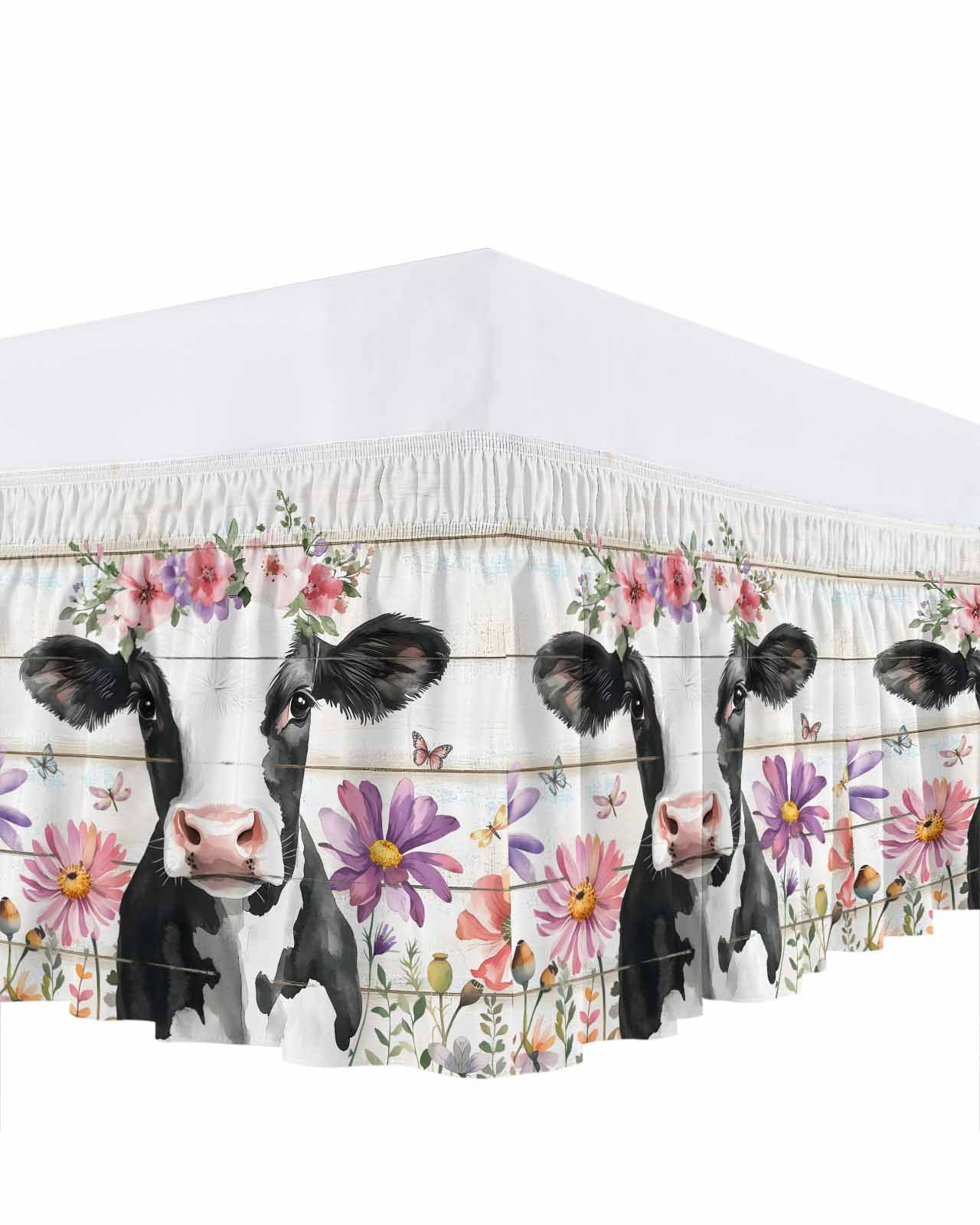 Funny Cow Bed Skirt Rustic Farmhouse Animal Flowers White Wood Grain ...