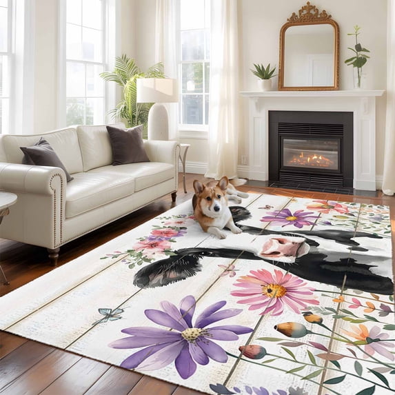 Funny Cow Large Area Rugs 5x8 ft Rustic Farmhouse Animal Flowers White ...