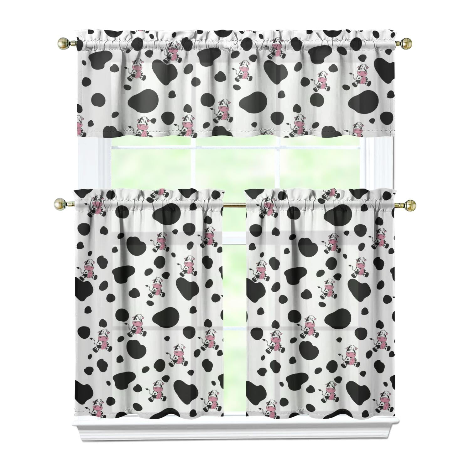 Funny Cow Print Kitchen Curtains 3-Piece Set - Farmhouse Window ...