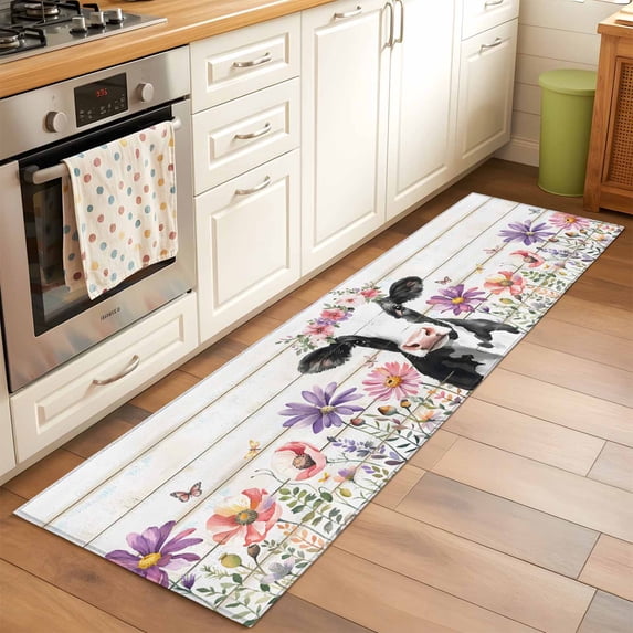 Funny Cow Runner Rugs 2x6 ft Rustic Farmhouse Animal Flowers White Wood ...