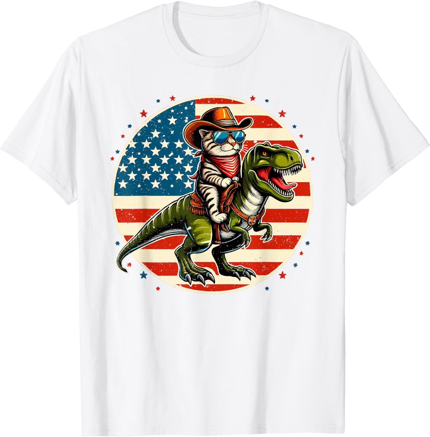 Funny Cowboy Cat Riding Dinosaur USA Flag T-Rex 4th of July T-Shirt ...