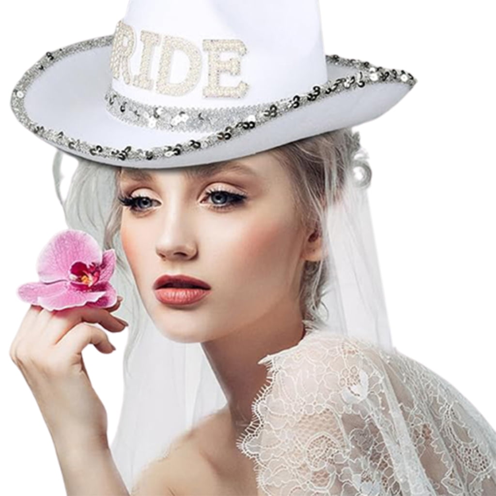 Funny Cowboy Cowgirl Bride Hat with Mesh Veil Rhinestones Bride Letter ...