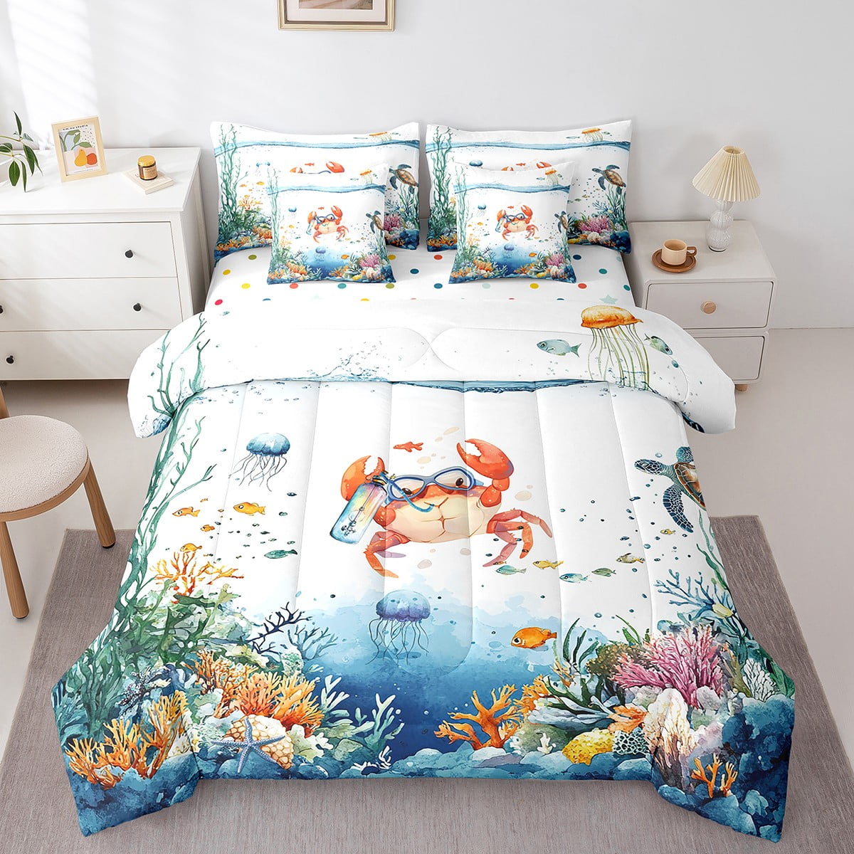 Funny Crab Bed in a Bag Queen Comforter Set 7 Piece,Kids Sea Turtle ...