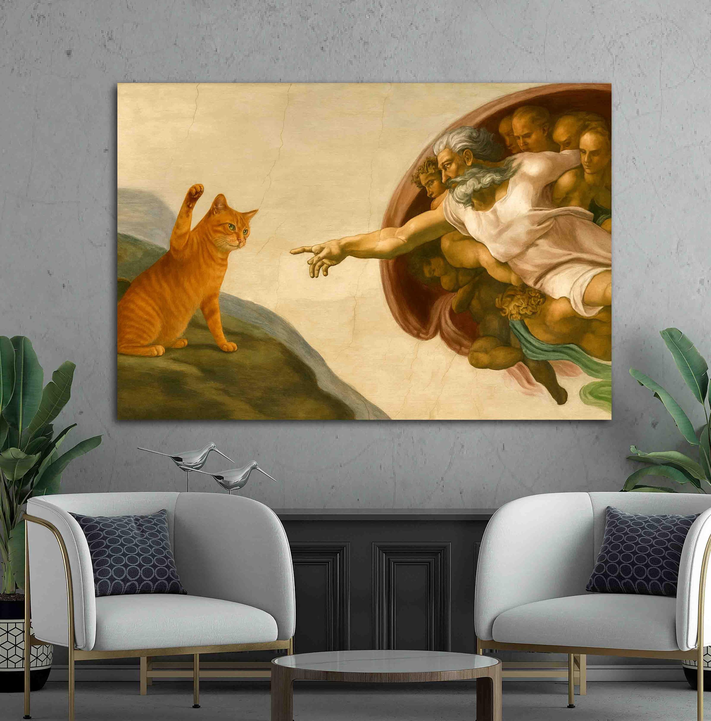 Funny Creation of Adam Cat Poster, Michelangelo Meme Wall Art, God and ...